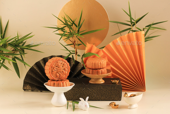 Mooncake Concept on Light Background with Bamboo. Yellow Concept Moon ...