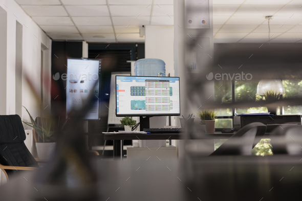 Workplace with modern electronic screen for staff meetings Stock Photo ...