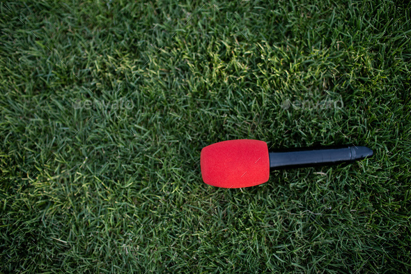 Black - red handheld wireless Mic laid down on the green grass for all ...