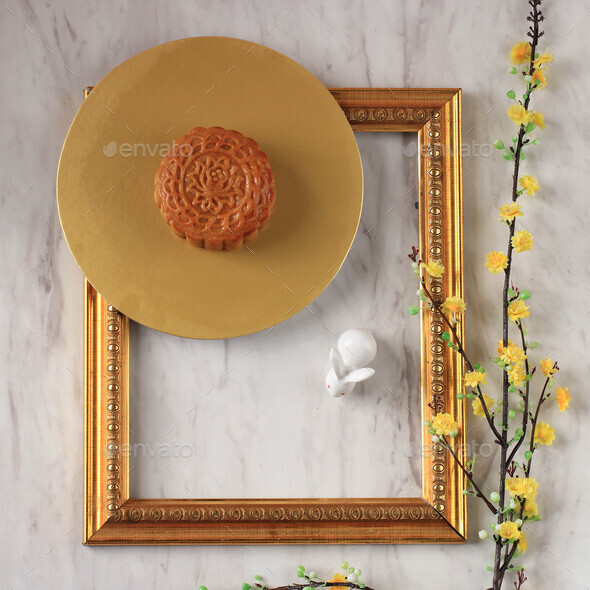 Mooncake on Light Pink Background with Pink Flower. Concept Moon Cake ...