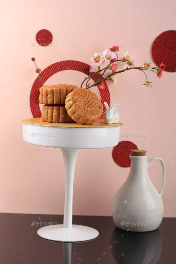 Mooncake on Light Pink Background with Pink Flower. Concept Moon Cake ...