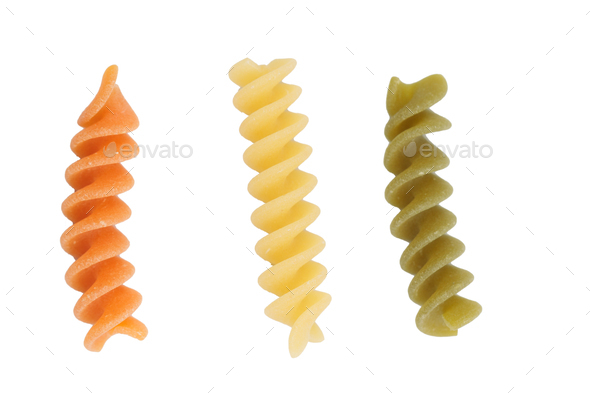 Three samples of different colors of fusilli pasta. Stock Photo by ...