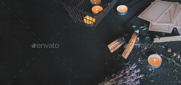 Esoteric, Occult mystical ritual scene of sorcery tarot candles, dried ...