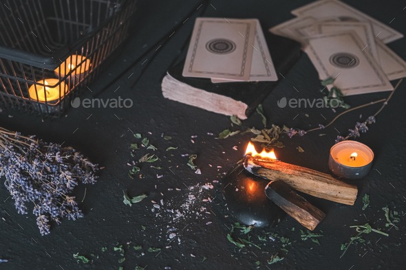 Esoteric, Occult mystical ritual scene of sorcery tarot candles, dried ...