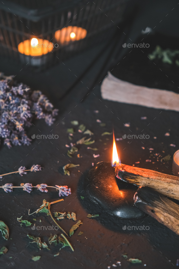 Esoteric, Occult mystical ritual scene of sorcery tarot candles, dried ...