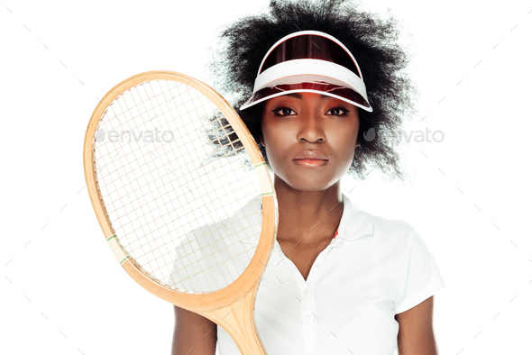 female tennis player in cap with racket isolated on white Stock Photo ...