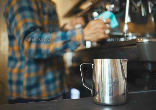 Cleaning, mug or coffee shop owner man in kitchen of cafe for machine ...