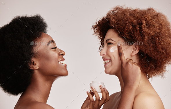 Cream, face product and women smile with diversity and happiness for ...