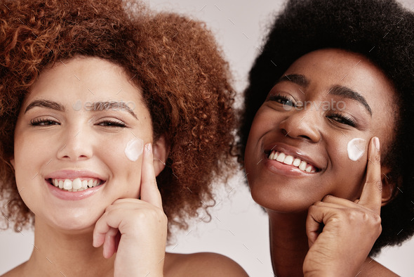 Happy, face cream and girl friends with diversity and happiness for ...