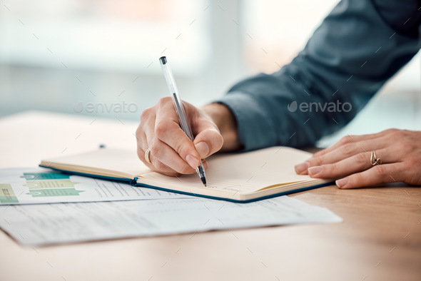Writing, notebook and office worker hands of a business woman at a desk ...