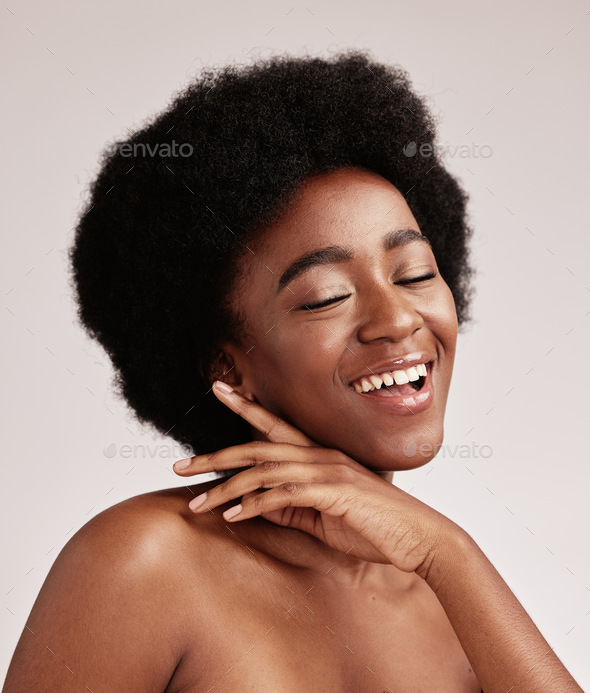 Beauty, happy black woman and skin glow of a young person face with ...