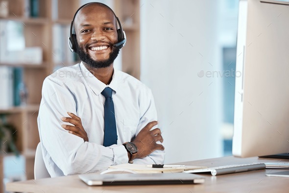 Customer support portrait, computer consulting and black man ...