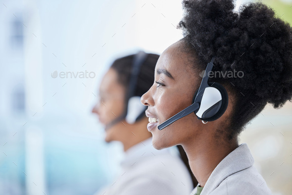 Call center, black woman and crm, telemarketing and customer service in ...