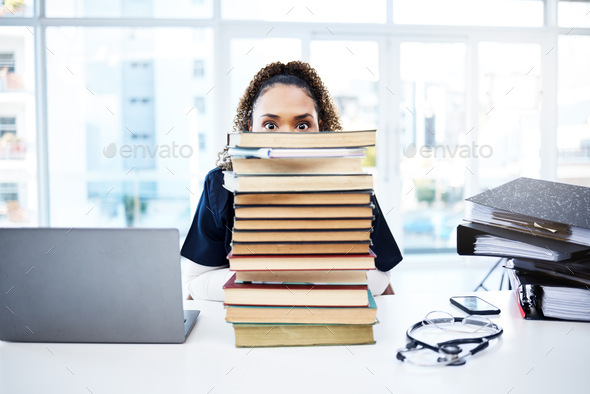 Nurse, portrait or books stack in hospital research, medical student ...