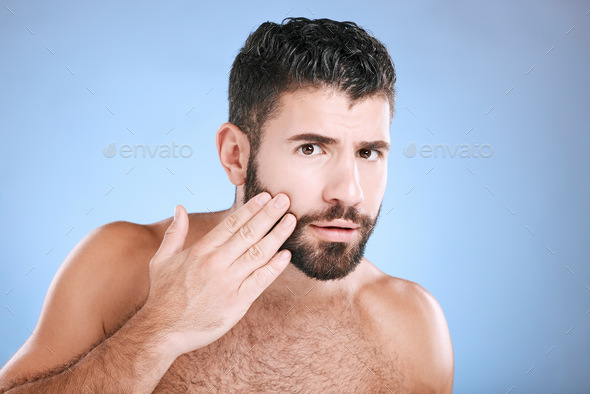 Skincare, beard grooming and portrait of man on blue background for ...