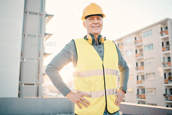 Construction worker, elderly man and architecture, renovation and ...