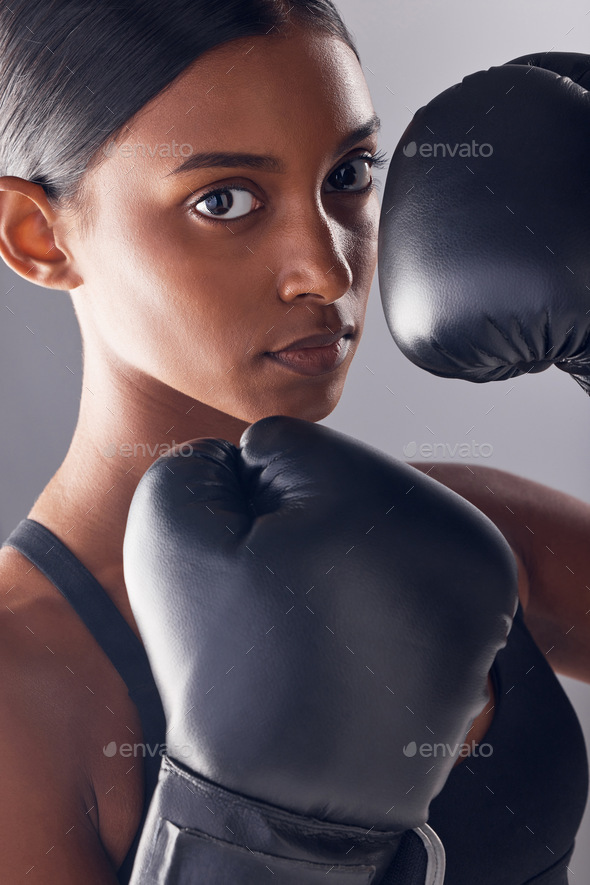 Boxing hands, gloves and portrait of woman in studio for sports, strong ...
