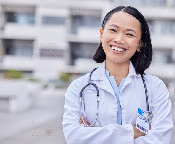 Leadership, happy and portrait of a doctor by hospital with success ...