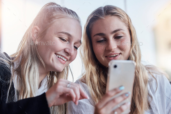 Phone, social media and friends laughing at trending meme on the ...
