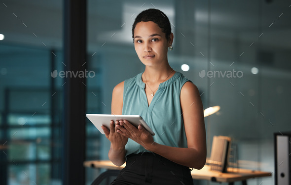 Business tablet, night portrait and black woman review finance budget ...