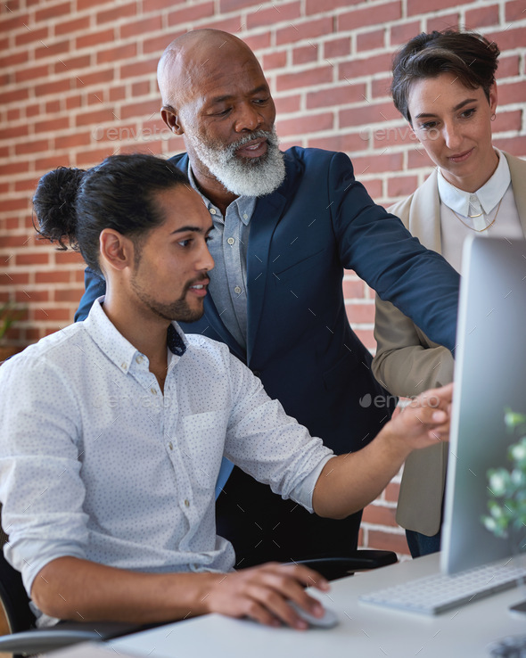 Business people using computer in office african american team leader ...