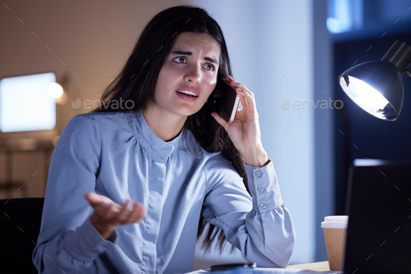 Phone call, question and sad business woman talking, chatting or ...