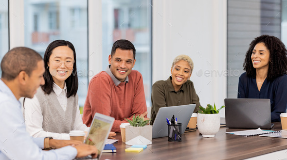 Digital marketing, team work or happy business people in meeting ...