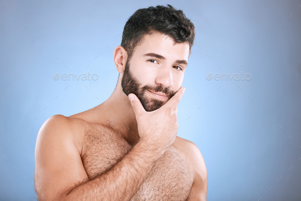 Skincare, portrait of man and hand on beard, confidence and face ...