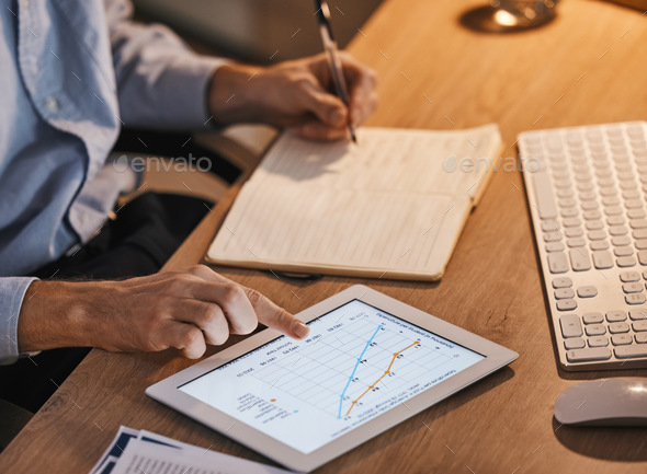Chart, planning and tablet with hands of businessman for writing, data ...