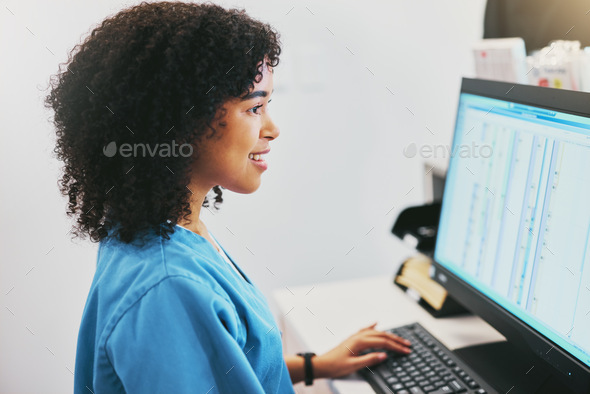 Nurse, computer and black woman typing in hospital for healthcare ...