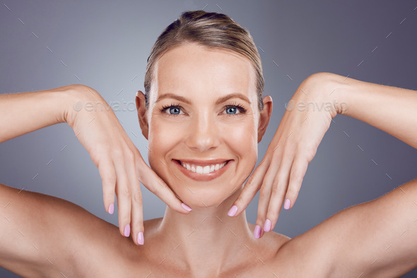 Skincare, portrait and touch face in studio for beauty, dermatology or ...