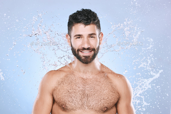 Man, skin care and face portrait with water splash for clean facial ...
