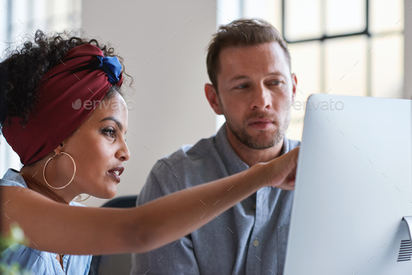 business people working team leader woman pointing at computer screen ...
