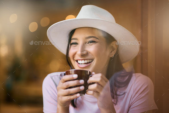 Cafe, relax and woman on mockup with coffee, happy and smile while ...