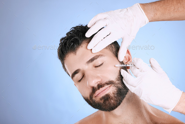 Needle, man and skincare in studio for beauty, botox and aesthetic on ...