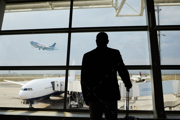 Airplane, travel or silhouette man watch plane fly, flight booking or ...
