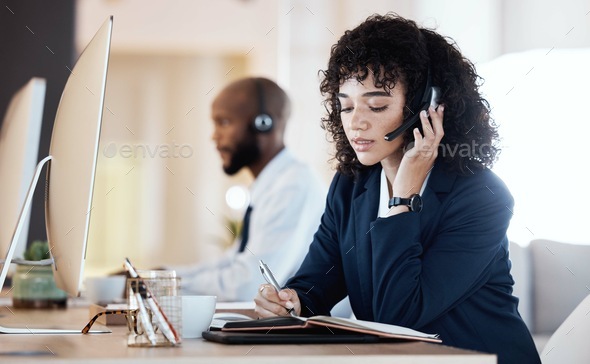 Call center, black woman and writing of a crm, contact us and ...