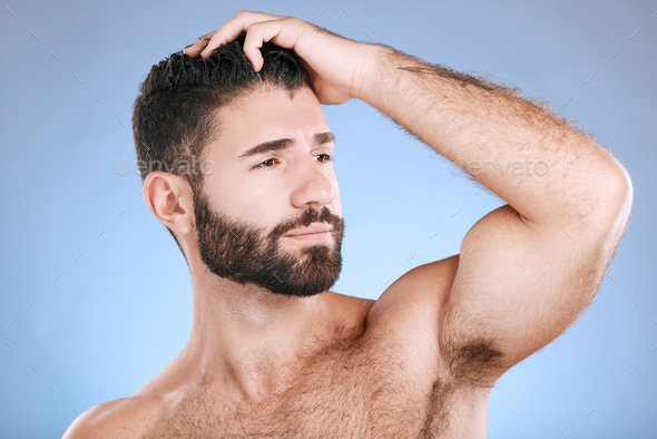 Skincare, beauty and face of man with muscle on blue background for ...