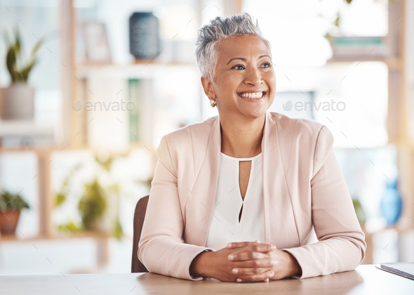 Business, leadership and woman thinking at desk in office, corporate ...