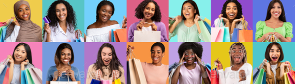 Happy Customers. Portraits Of Cheerful Multiethnic Women With Shopping ...