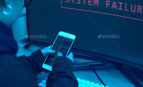 Phone screen, code and hacker hands for cybersecurity, information ...