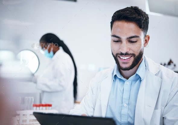 Science, happy and tablet with man in laboratory for medicine, pharmacy ...
