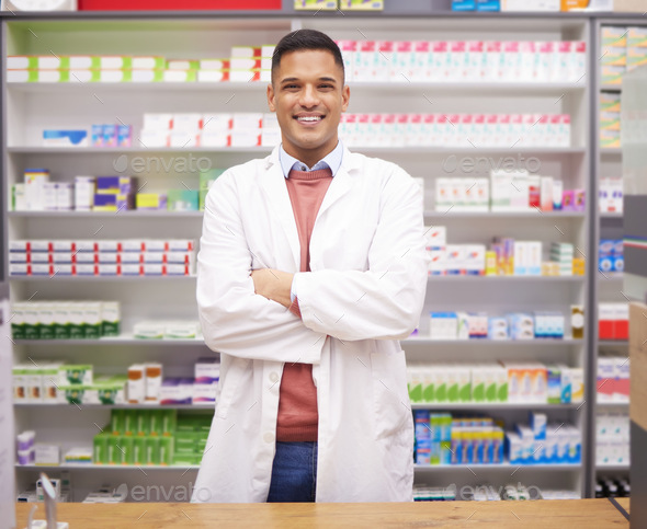 Pharmacy, smile and confidence, portrait of man at drugstore counter ...