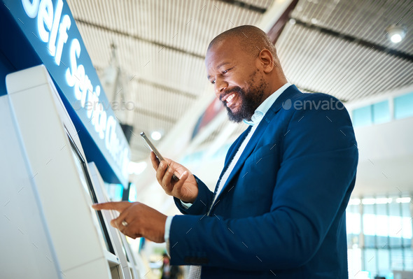 Airport ticket, self service and man with phone for online booking ...