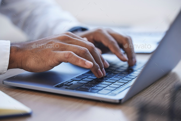 Laptop, office and hands typing at desk for online documents, writing ...