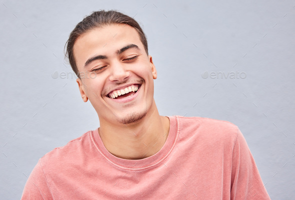 Man, face or laughing on isolated background at funny joke, meme or ...
