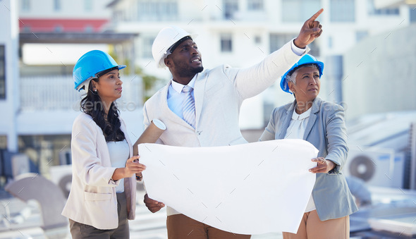 Architecture, engineering and team with blueprint for planning ...