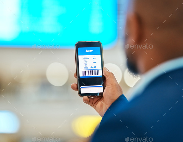 Qr code, travel and man with a phone for a ticket, airplane booking and ...