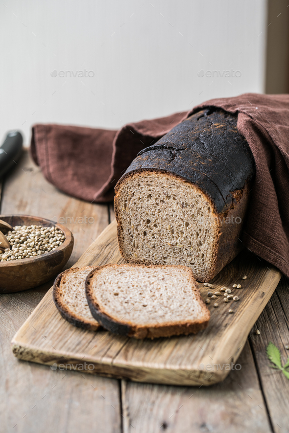 Leavened bread, whole grain rye bread with cannabis, and wheat mixed ...