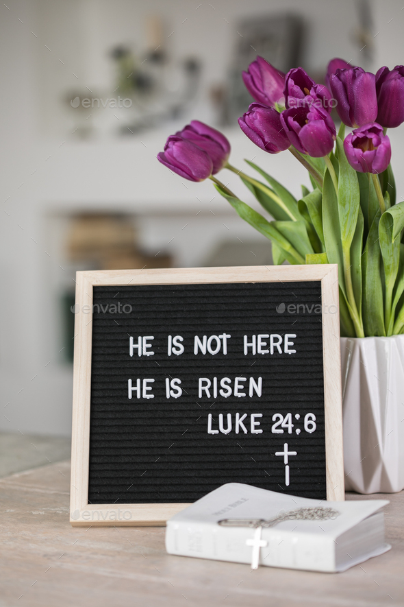 He has Risen, Luke 24:6 text on letter board. Biblical background. New ...